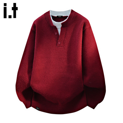 it5cm潮牌红色假两件套头毛衣