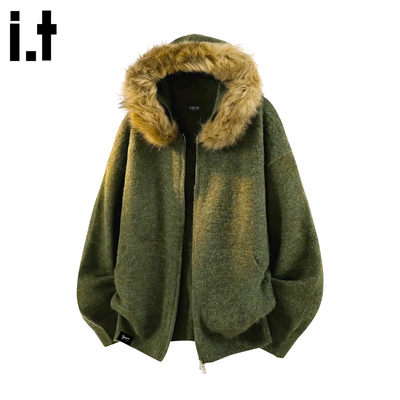 it5cm潮牌时尚毛领连帽针织衫