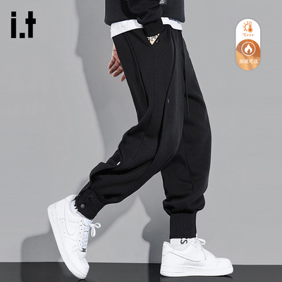 黑色解构设计束脚加绒卫裤男款