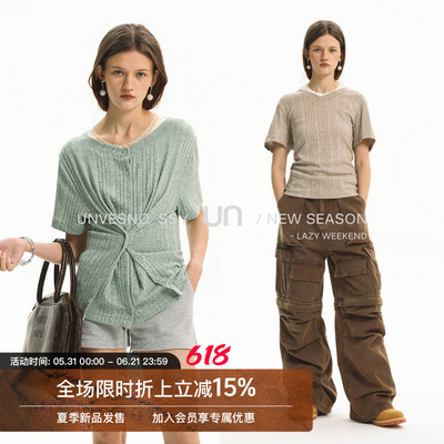 Unvesno(UN)【多种造型】RS不磨毛坑条双排可调节扣针织女款短袖