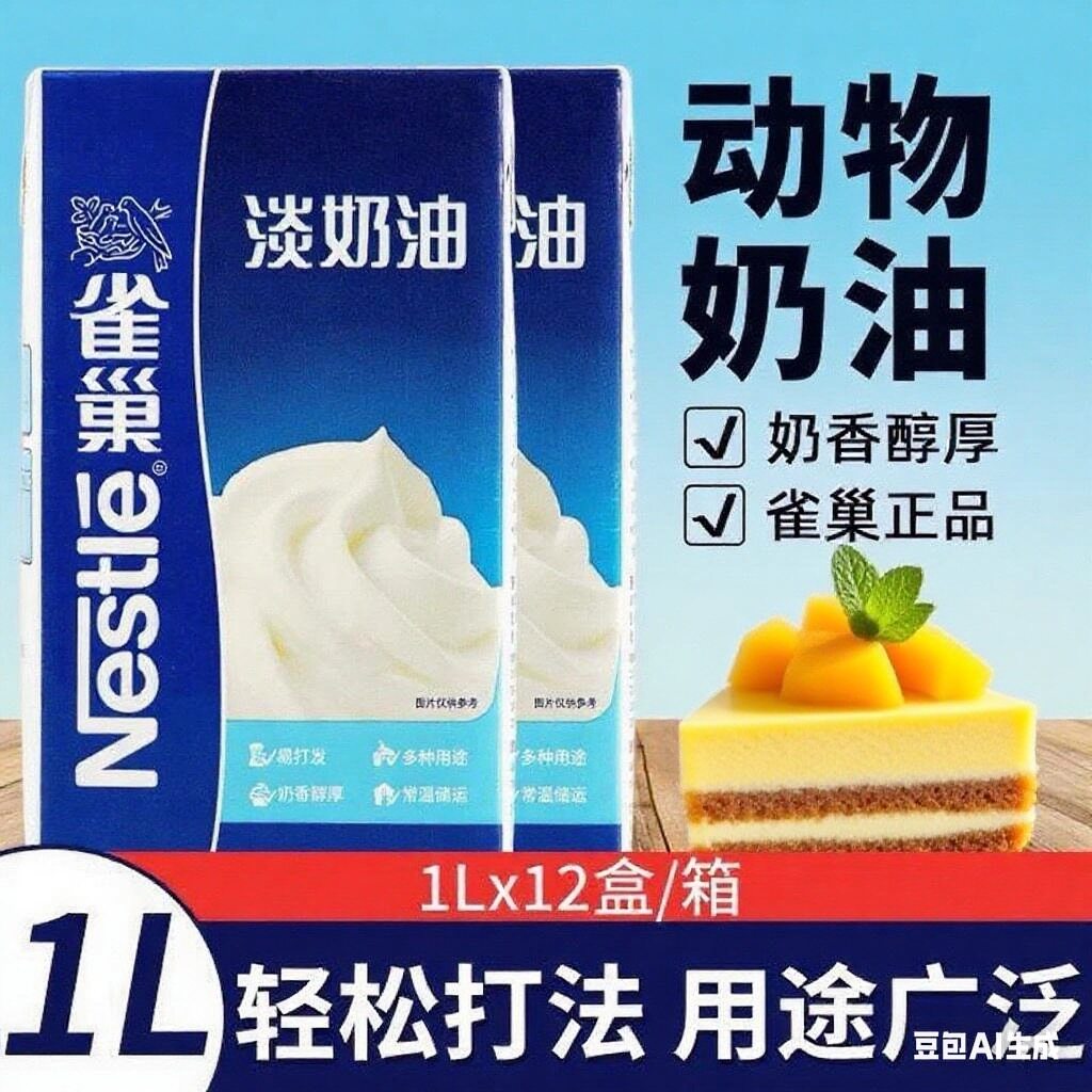 雀巢动物性淡奶油1L 稀奶油家用烘焙蛋糕裱花蛋挞液奶盖雪顶原料