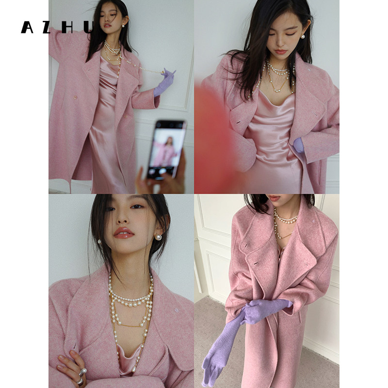 AZHU阿茱粉色大衣女冬季新款百分百蚕丝长款毛呢外套_虎窝淘