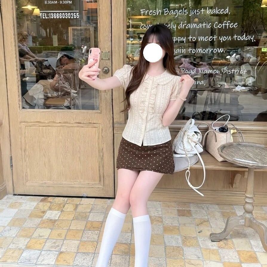 初夏独特绝美套装女韩系甜美木耳边碎花短袖衬衫女波点短裙两件套