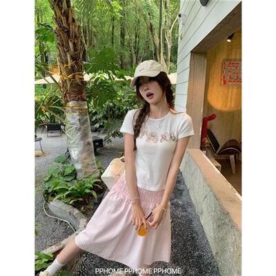 PPHOME自制~粉嘟甜妹 印花短袖T恤+两穿半身裙粉色条纹中裙抹胸裙
