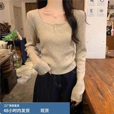 别致方领毛衣打底衫女秋冬内搭时尚洋气褶皱长袖针织上衣chic春秋