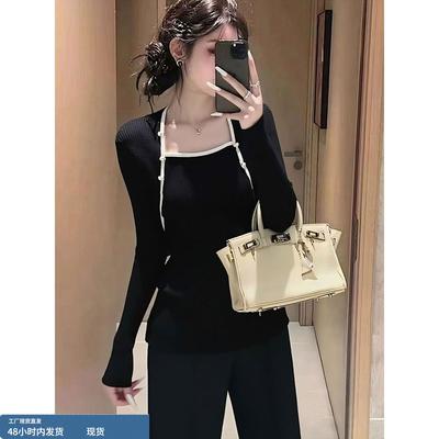 欧货高端大牌黑白撞色方领长袖羊绒针织衫2025冬款洋气修身上衣女