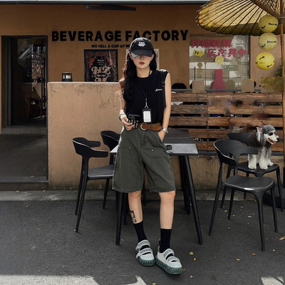 美式军绿色工装五分牛仔裤宽松女