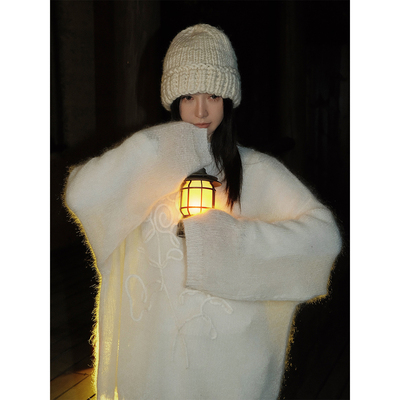 MOERSHOP黑标系列白色向日葵手工摇花高阶马海毛宽松针织衫女上衣