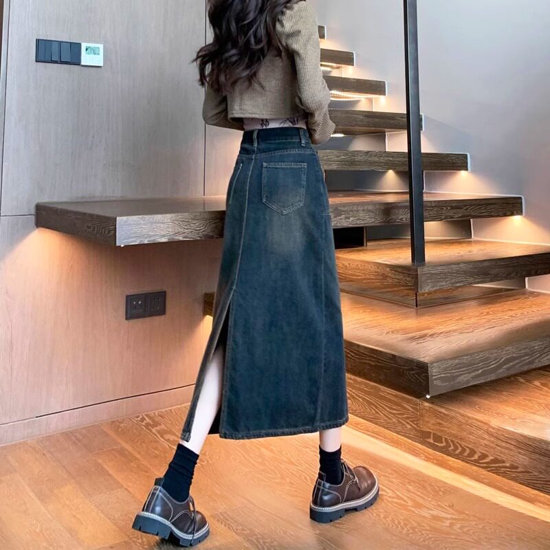 美式复古后开叉牛仔半身裙女春秋新款高腰a字中长裙显瘦一步裙子
