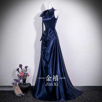 蓝色挂脖成人礼服钢琴声乐艺考裙