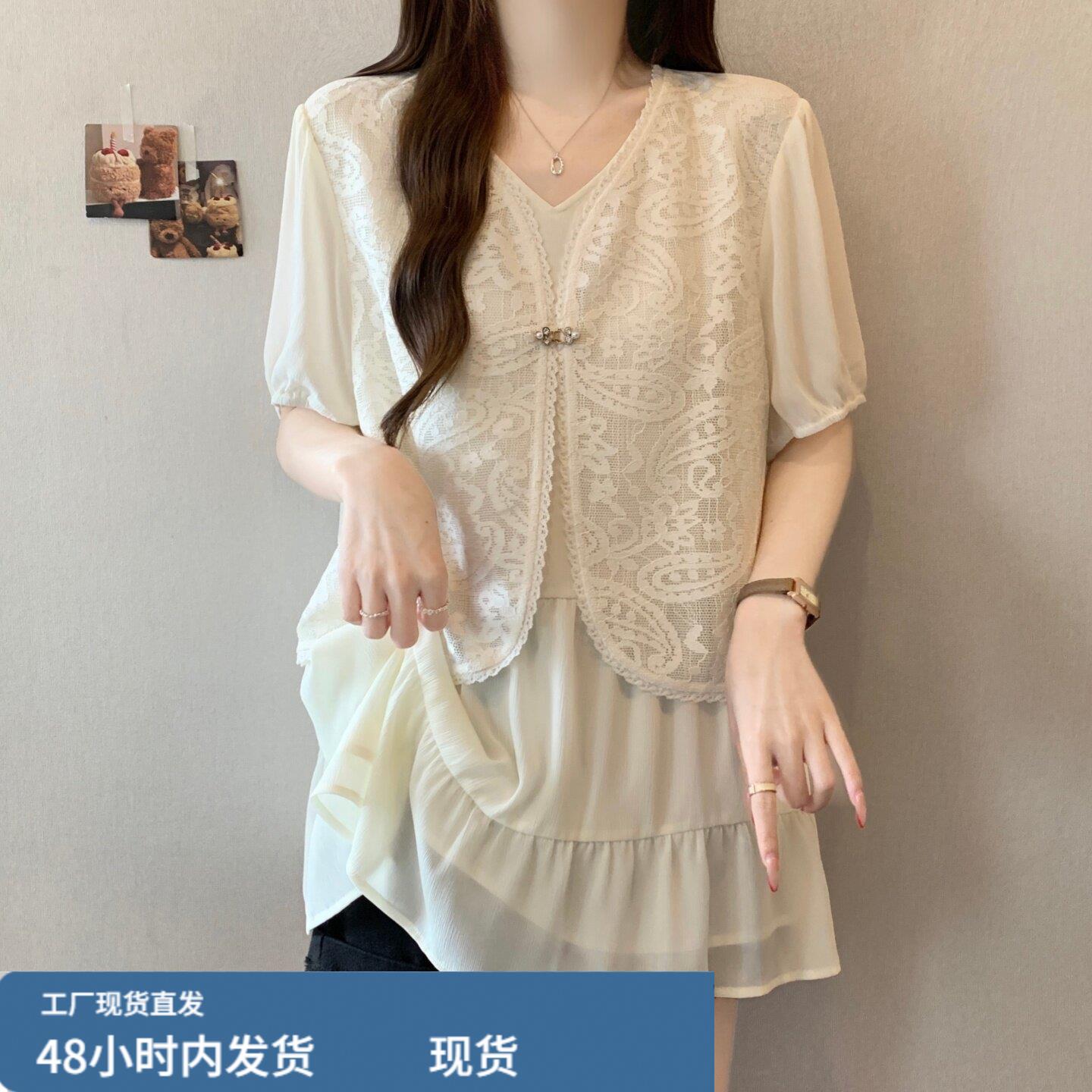 大码法式假两件蕾丝钩花中长款短袖雪纺衬衫女夏季显瘦遮肚子上衣