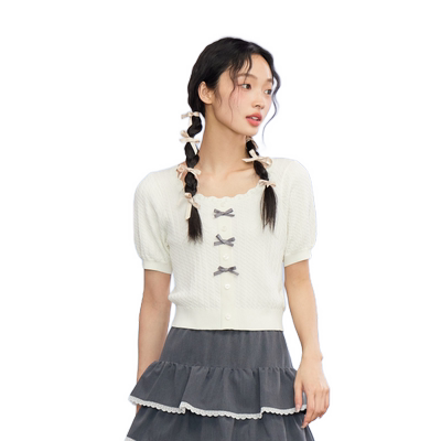 紫涵波浪方领泡泡袖针织衫女夏季新款甜美休闲轻薄修身短上衣T恤