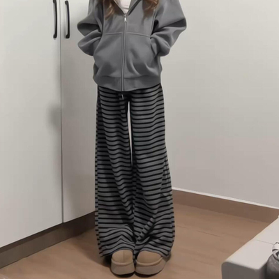 灰黑色慵懒风条纹阔腿裤女秋季2025新款高腰宽松显瘦小个子休闲裤