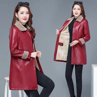 Winter women's medium length velvet fur loose leather jacket