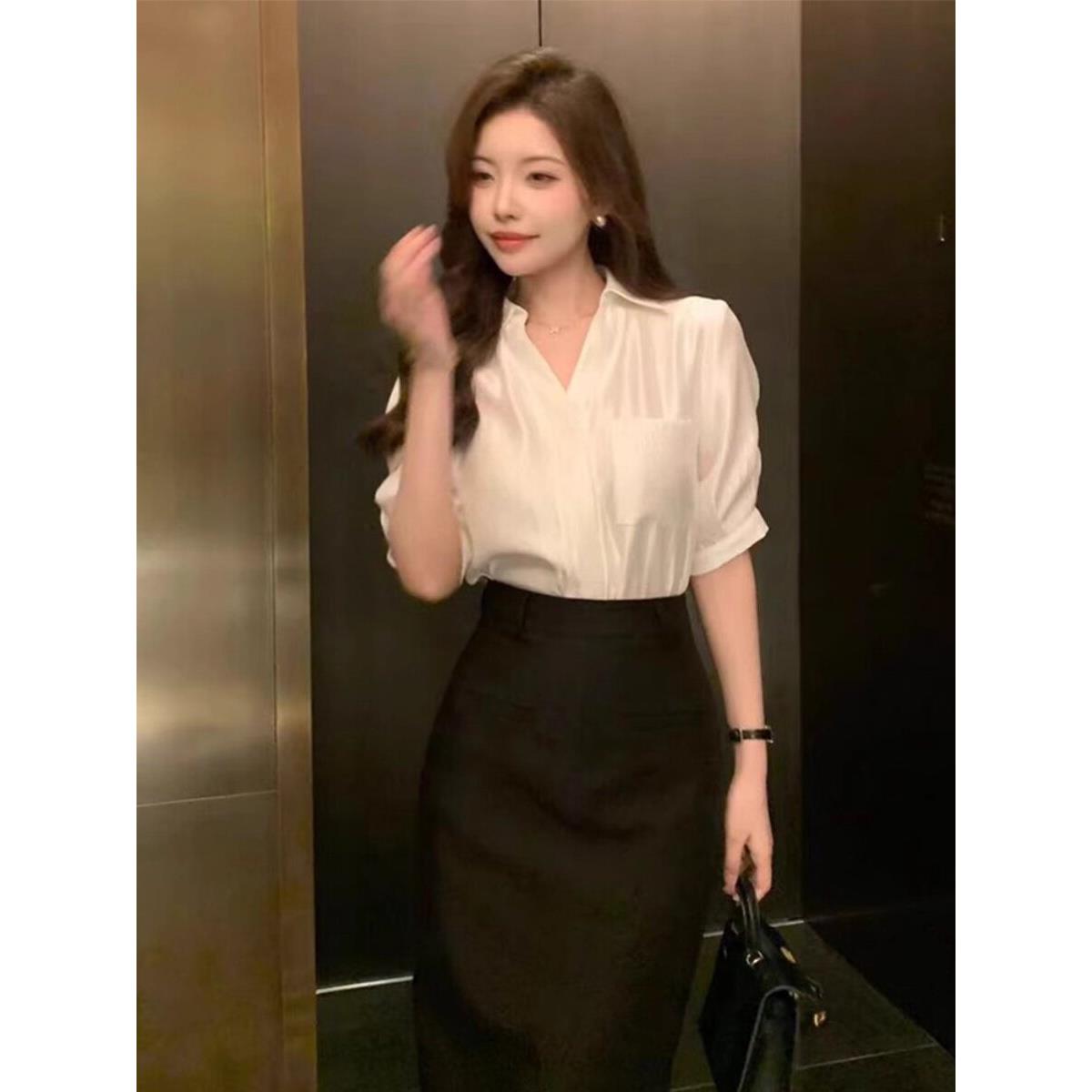设计感小众v领短袖雪纺衫女夏季韩系时尚两件套装半身裙职业穿搭