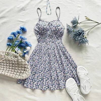 Women's Ditsy Floral Print Cami Sveless Dress Casual
