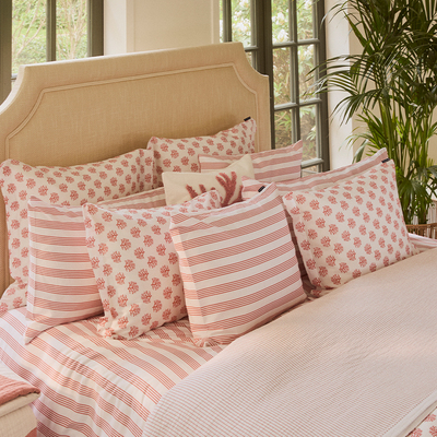 Lexington三件套府绸蓝色海螺印花床品棉缎粉色珊瑚印花四件套