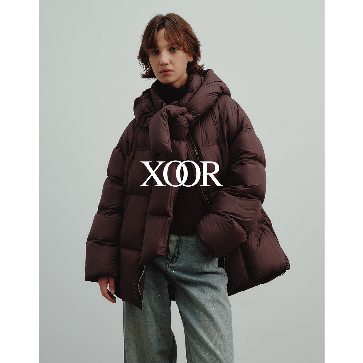 XOOR可脱卸围脖帽羽绒服 2025冬女 超轻纳米面料91白鸭绒保暖外套