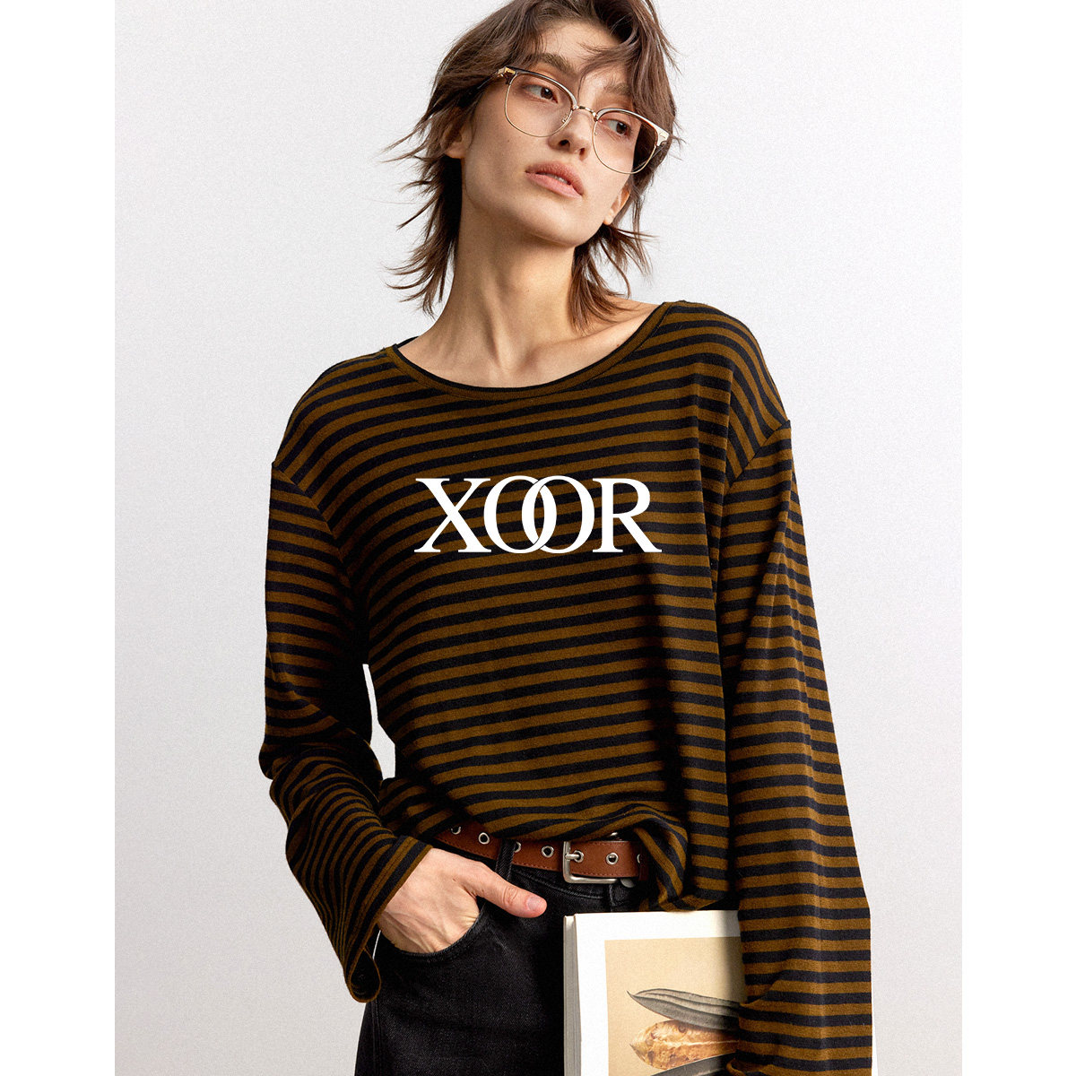 XOOR100%绵羊毛条纹长袖2025冬女宽松复古显瘦基础款百搭针织衫