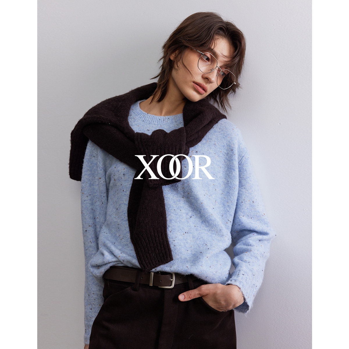XOOR彩砂羊毛混纺毛衫2025冬女简约宽松圆领遮肉好搭套头针织上衣