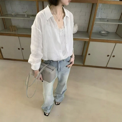 韩系假两件内搭吊带苎麻长袖衬衫