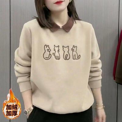 宽松加绒长袖卫衣女秋冬保暖百搭减龄气质娃娃领T恤休闲内搭上衣