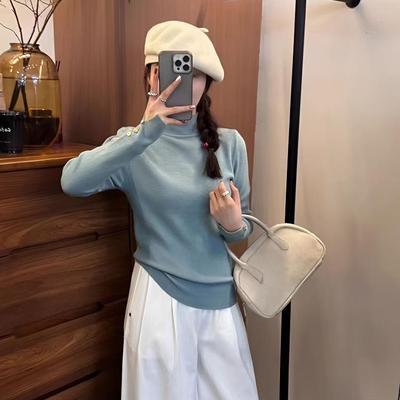 大码胖mm春秋新款韩版简约纽扣半高领针织衫女色长袖打底衫0110w