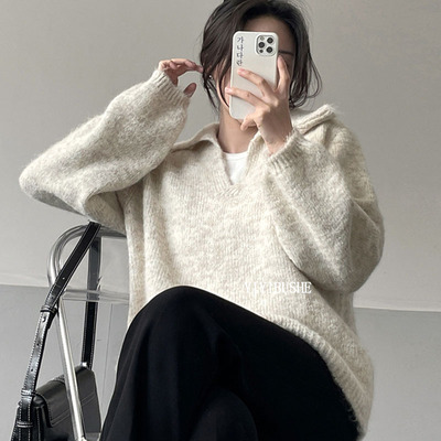简约女人味翻领宽松针织衫上衣