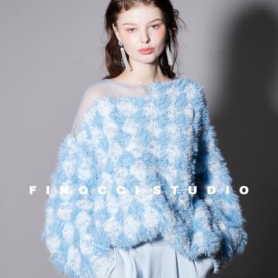 FINOCCI冬季新菱形格子透肩毛衣