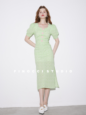 法式方领纯棉花朵碎花裙