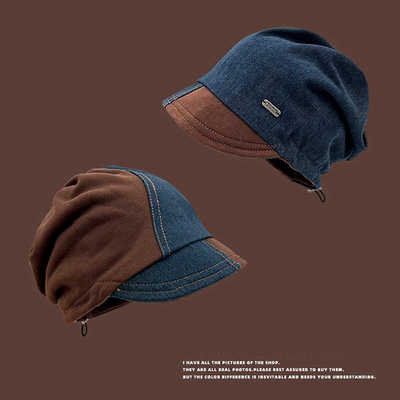 2025新款废土风牛仔拼接小檐抽绳堆堆帽子女日系复古冷帽包头帽男