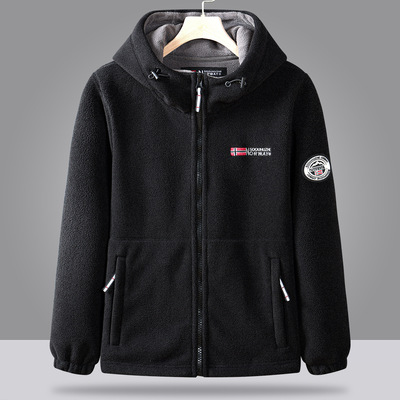 Men Jacket Outdoor Zip Coat出口挪威加绒加厚刺绣连帽户外