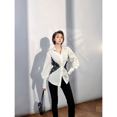 XULU原创气质棉撞色侧腰蕾丝拼接衬衫设计感小众显瘦长袖白衬衣