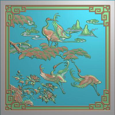 松鹤 祥云 山水 花几面板 方形花板 有线 精雕图jdp灰度bmp浮雕图