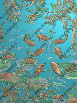 年年有余挂匾精雕图灰度图浮雕图 荷花鱼屏风鲤鱼戏水背板492x651