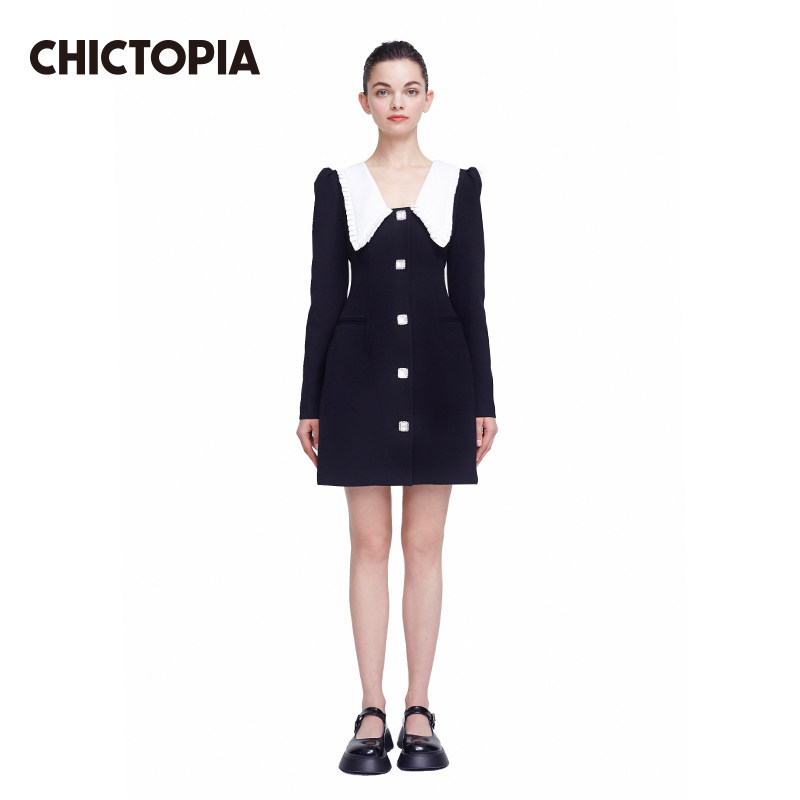 CHICTOPIA CHIC刘清扬新品花边尖领黑白拼接收腰连衣裙_虎窝淘