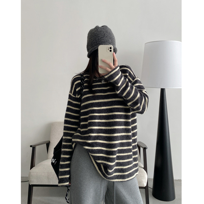 加厚慵懒宽松显瘦长袖条纹t恤女