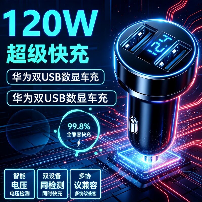新款车载充电器120w超级快充汽车点烟器转换插头一拖二手机用usb