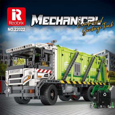 Reobrix22022动力工程压缩式垃圾车遥控积木模型益智拼装玩具
