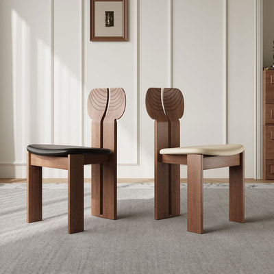 复古黑胡桃色真皮实木餐椅古老非洲椅设计师中古椅新中式休闲椅