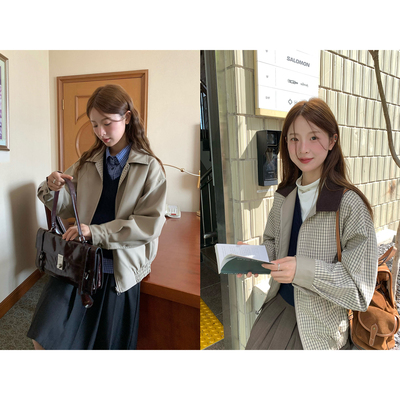 WHYSTUDIO miu系双面穿格纹灯芯绒领廓形短外套女复古哈灵顿夹克