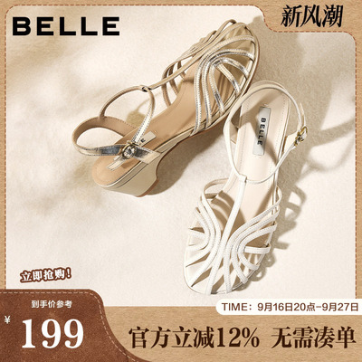 百丽丁字式罗马凉鞋女2026夏新细带镂空复古粗跟凉鞋B3244BL6