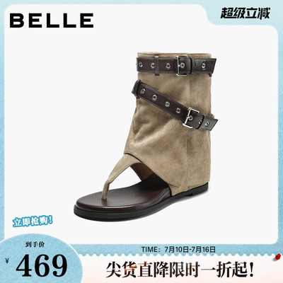 百丽潮流双皮带扣夹脚拖鞋女2026夏新西部风高帮休闲凉鞋B3243BL6