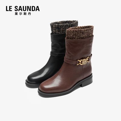 【达播专属】莱尔斯丹2025秋冬新款粗跟真皮短筒靴子女鞋6T30302V