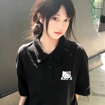 polo领黑色短袖T恤女2026