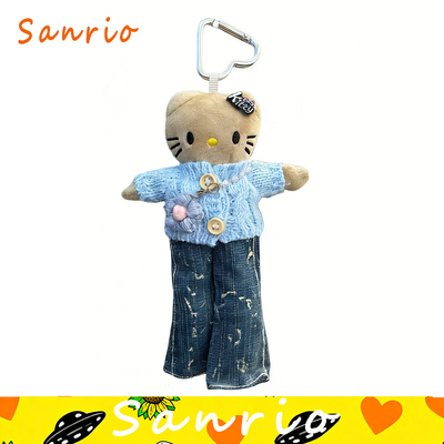日本正版helloKitty蓝色毛衣牛仔裤花包长腿裤黑皮公仔玩偶包挂件