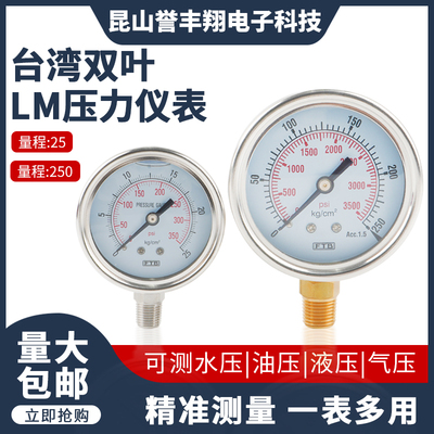台湾FTB不锈钢压力表径向250kg充油耐震表面60MM1/4PT接头有赠品