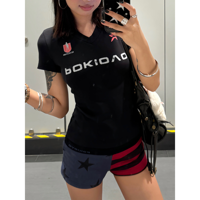 【F383】撞色星星印花条纹短裤