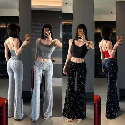 美式波点微喇低腰休闲裤女显瘦垂感拖地长裤运动健身瑜伽喇叭裤