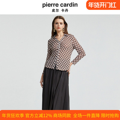 皮尔卡丹女装秋季新款咖白撞色雪纺翻领时尚印花衬衫P4337B4995K3